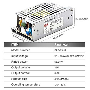 TorqCali EPS-65-12-C 65W Single Output Switching Power Supply 12V 5.42A, 86% Efficiency, Universal AC Input, for Automation, Test & Measurement, and Industrial Applications