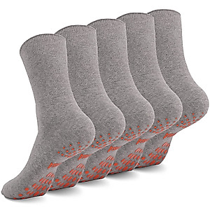 Aaronano Non Slip Grippy Sock-Non Skid Crew Socks for Elderly Yoga Hospital Socks Men Women 5 light Gray L