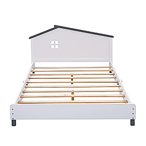 Merax Kids Beds with House Frame Headboard Full Size, Fun Wood Low Bed Frame for Boys,Girls, No Box Spring Need (Full, White+Gray)