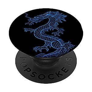 Blue Ice Dragon On Black Background PopSockets Swappable PopGrip