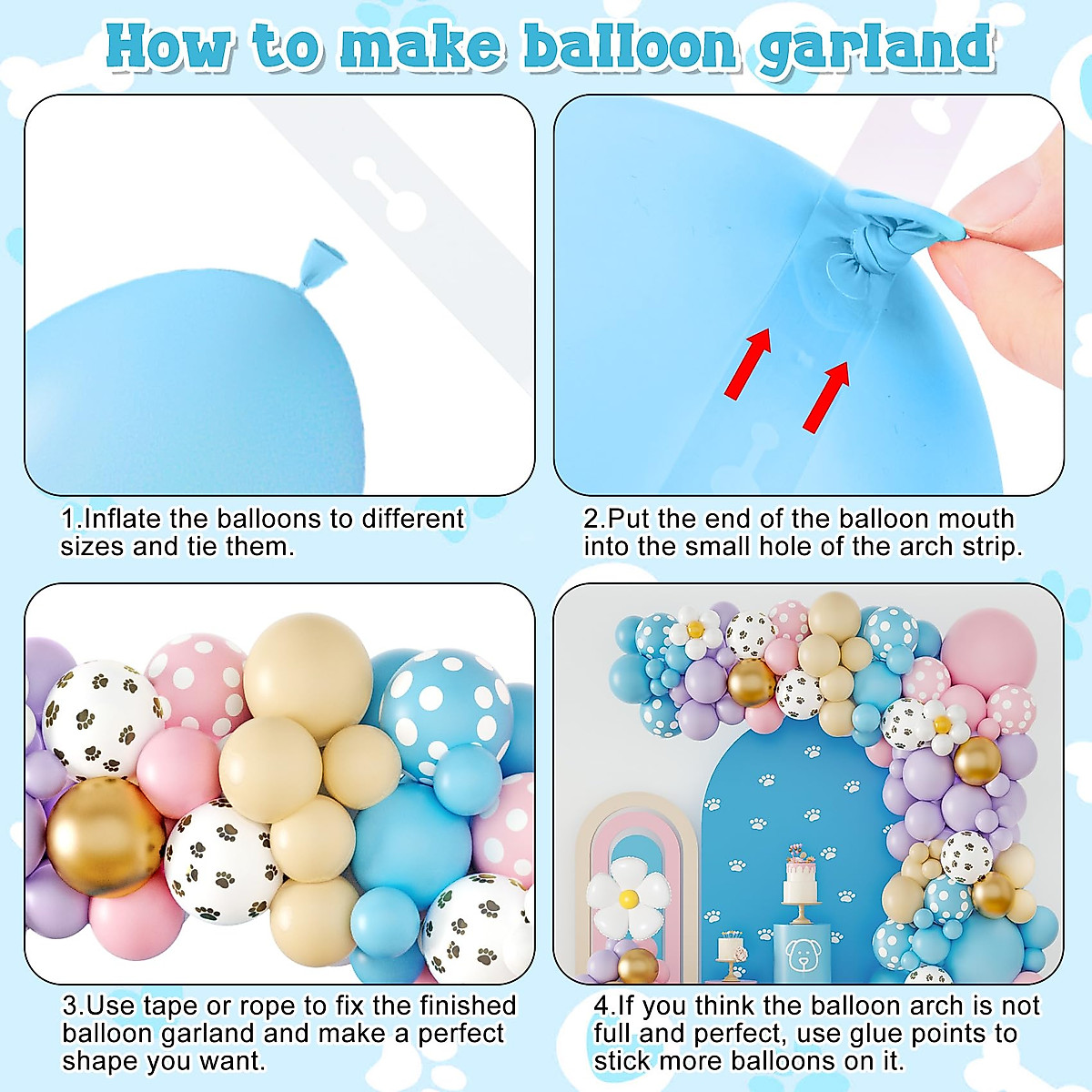 Ouddy Life 176Pcs Blue Balloons Arch Garland Kit, Blue Birthday Decorations Girl with Dog Paw Bone Daisy flower Pink Blue Purple Blush Balloons for Girls Boy Puppy Birthday Party Baby Shower Decor