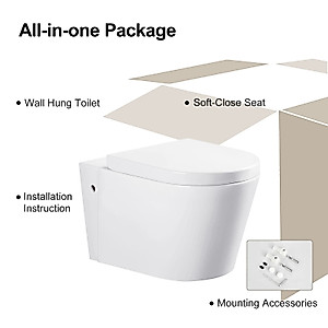 HOROW Wall Hung Toilet HR-TG02W, Compact Wall Mounted Toilet with Soft Closing Seat, 1.6 GPF/1.1 GPF Dual Flush Ceramic Round Wall Toilet for Bathroom, White Toilet Bowl