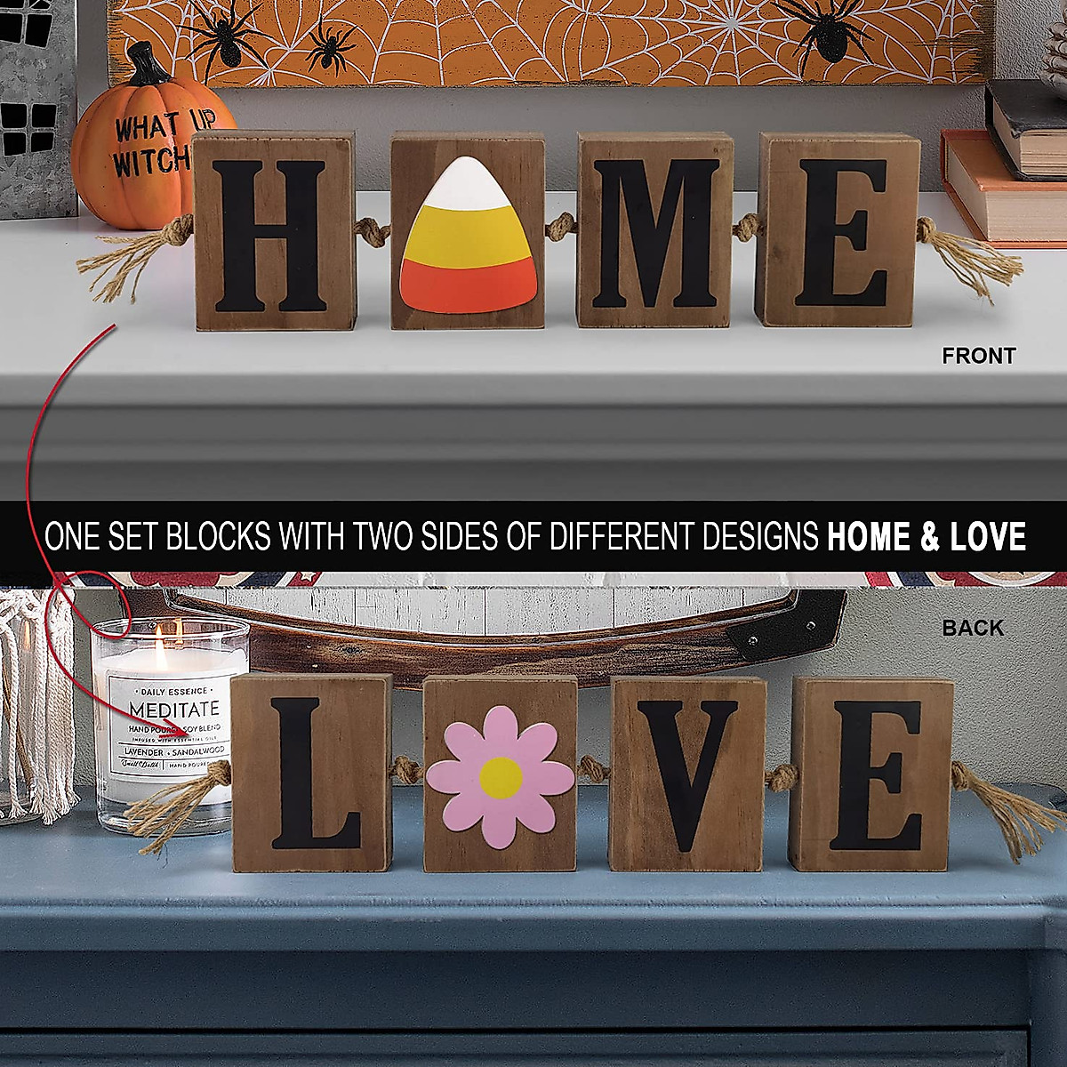 Winder Rustic Home Sign & Love Sign with 10-PC Interchangeable Holiday 2-Side Cutout Decorative Letters Seasonal Wooden Freestanding Decorations for Spring Easter 4th of July Home Decor (Natural)