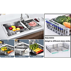 GULICA Dish Drying Rack, Adjustable Stainless Steel Drainer Basket Drain Tray for Dish Vegetable Fruit, On Counter Dish Rack or in Sink Over Sink Kitchen Basket Dish Drying Rack Grey