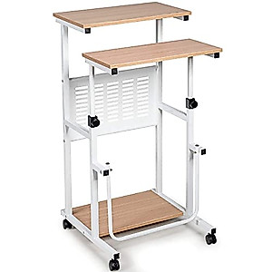 Tangkula Rolling Standing Desk Stand Up Desk, Height Adjustable Home Office Desk with Standing & Seating 2 Modes, Flexible Wheels & Footrest, Mobile Laptop Cart Sit Stand Desk