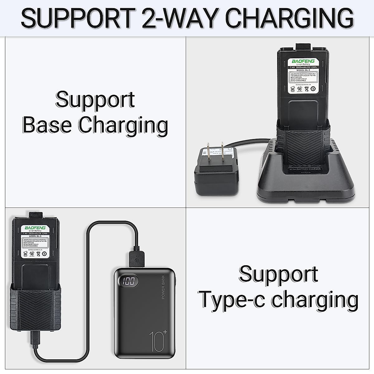 BAOFENG BL-5 3800mAh Extended Battery Walkie Talkie UV-5R BF-8HP UV-5RX3 RD-5R UV-5RTP UV-5R MK2 MK3X MK5 Plus Series Two Way Radios (UV-5R 3800+Type-C Charging Cable)