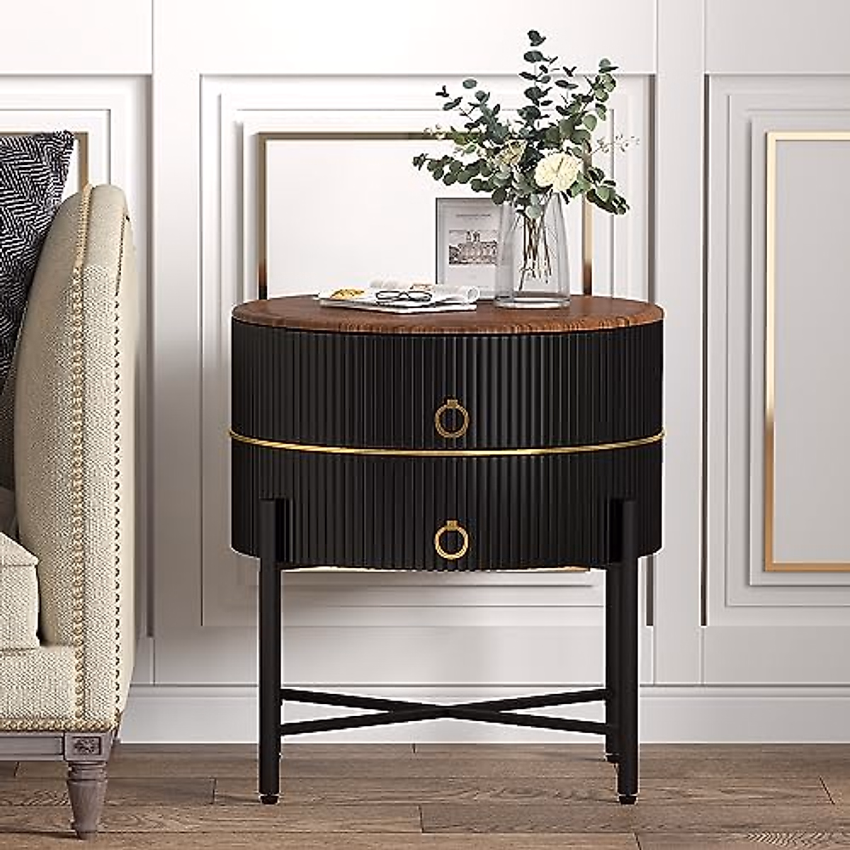 O&K FURNITURE Black Round Side Table for Living Room, Modern End Table with 2 Drawers, Metal Legs Nightstand for Bedroom, Black & Brown