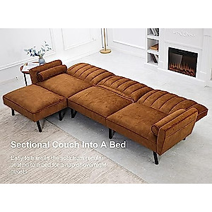 DURASPACE Velvet Sectional Convertible Sofa with Chaise, 107" L Shape Sectional Sofa Couch with USB, Split Back Folding Futon Couch for Living Room (Caramel Brown)