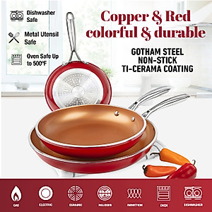 GOTHAM STEEL Frying Pan Set, 3 Piece Nonstick Copper Fry Pans Set, 8”, 10” & 12” Nonstick Frying Pans, Nonstick Skillet Set, Omelet Pan, Cookware, PFOA Free, Dishwasher Safe, Cool Touch Handle - RED