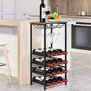 Vrisa Wine Rack Freestanding Floor 16 Bottles Wine Rack with 9 Glass Holder Wine Bottle Holder Stand Wine Racks for Floor 5 Tiers Wine Holder Stand for Kitchen Dining Room, Office, Bar, Rustic Brown