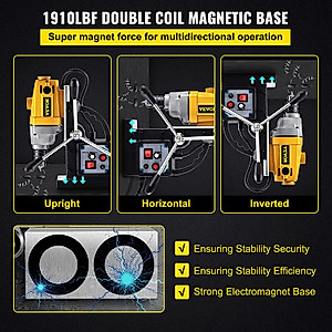 VEVOR Magnetic Drill, 550RPM No-load Speed Electromagnetic Drill Press, 2.16" Depth 1.57" Dia Magnetic Core Drill, 2700LBS Boring Tool Drill Press, w/ 1100W Drill Press, Yellow and Black Drill Machine