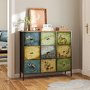 DOVAMY Drawer Dresser with 9 Fabric Drawers, Dresser Storage Organizer for Bedroom,Closet,Nursery,Living Room,Wide Storage Tower Unit with Steel Frame,Chest of Drawer, Wooden Top, Rustic Pattern