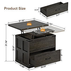 FABATO Lift Top Coffee Table, Farmhouse Coffee Table, Convertible Coffee Table with Storage and Drawer, Multifunctional Center Table Converts to Dining Game Table for Living Room, Dark Gray