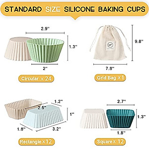 48 Pack Silicone Cupcake Liners, 3 Shapes of Standard Round & Square & Rectangle - Reusable Non-Stick Muffin Cups for Baking, Multicolor Bento Lunch Box Dividers - Non-Toxic, BPA Free, Dishwasher Safe