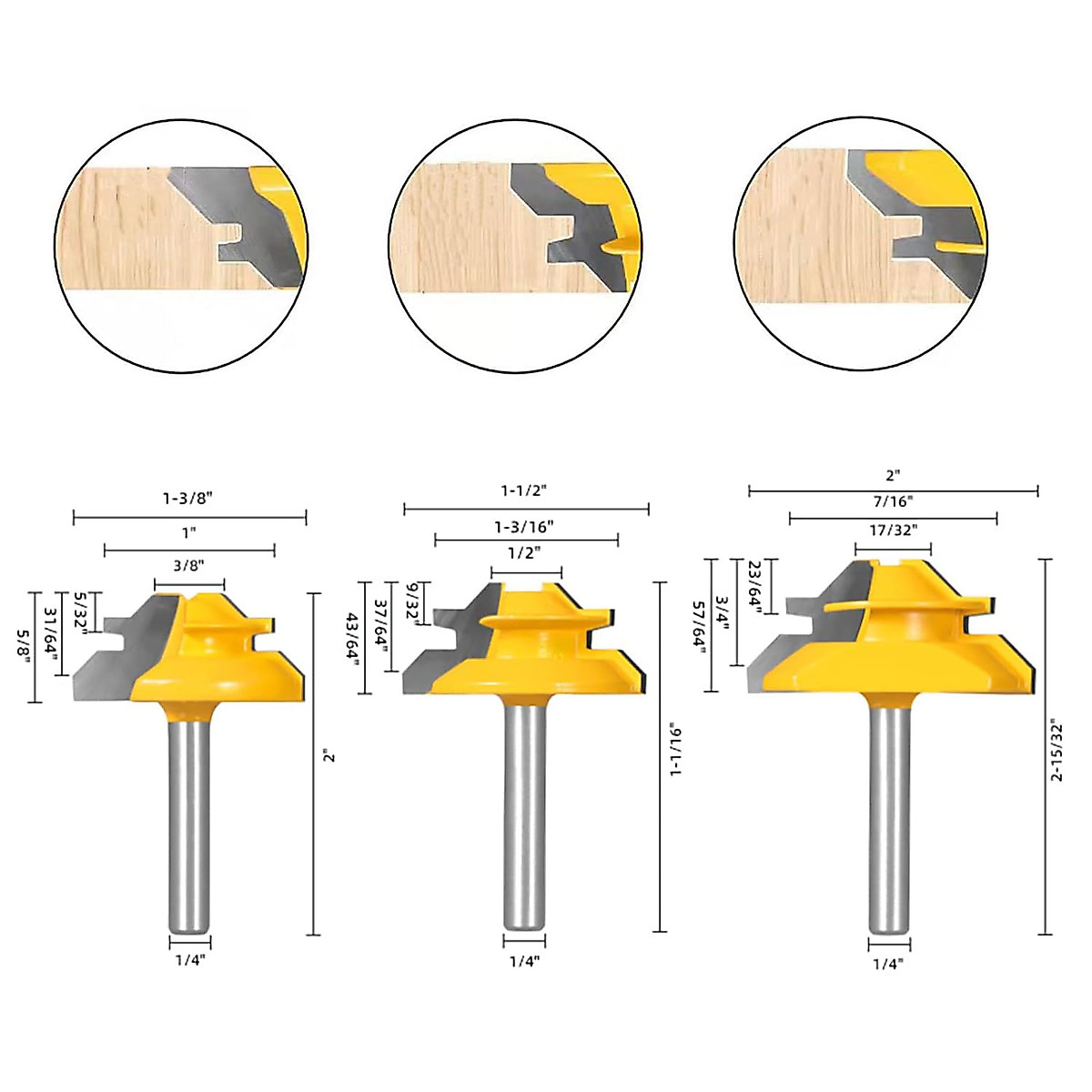 TOEVER 1/4 Inch Shank Router Bit，45 Degree Lock Miter Router Bit , for 31/64", 37/64",3/4" Cutting Height,3-Piece Joint Router Bits, Wood Milling Cutter Glue Joint Tools Set(3PCS 1/4 Shank)