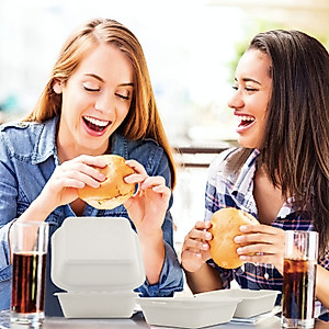 Clamshell Food Containers,100 Pack Hinged Container Disposable Bagasse Take Out Food Box,Single Compartment Takeout Hamburger Box with Hinged Lid for Kitchens, Restaurants, Food Trucks (White)