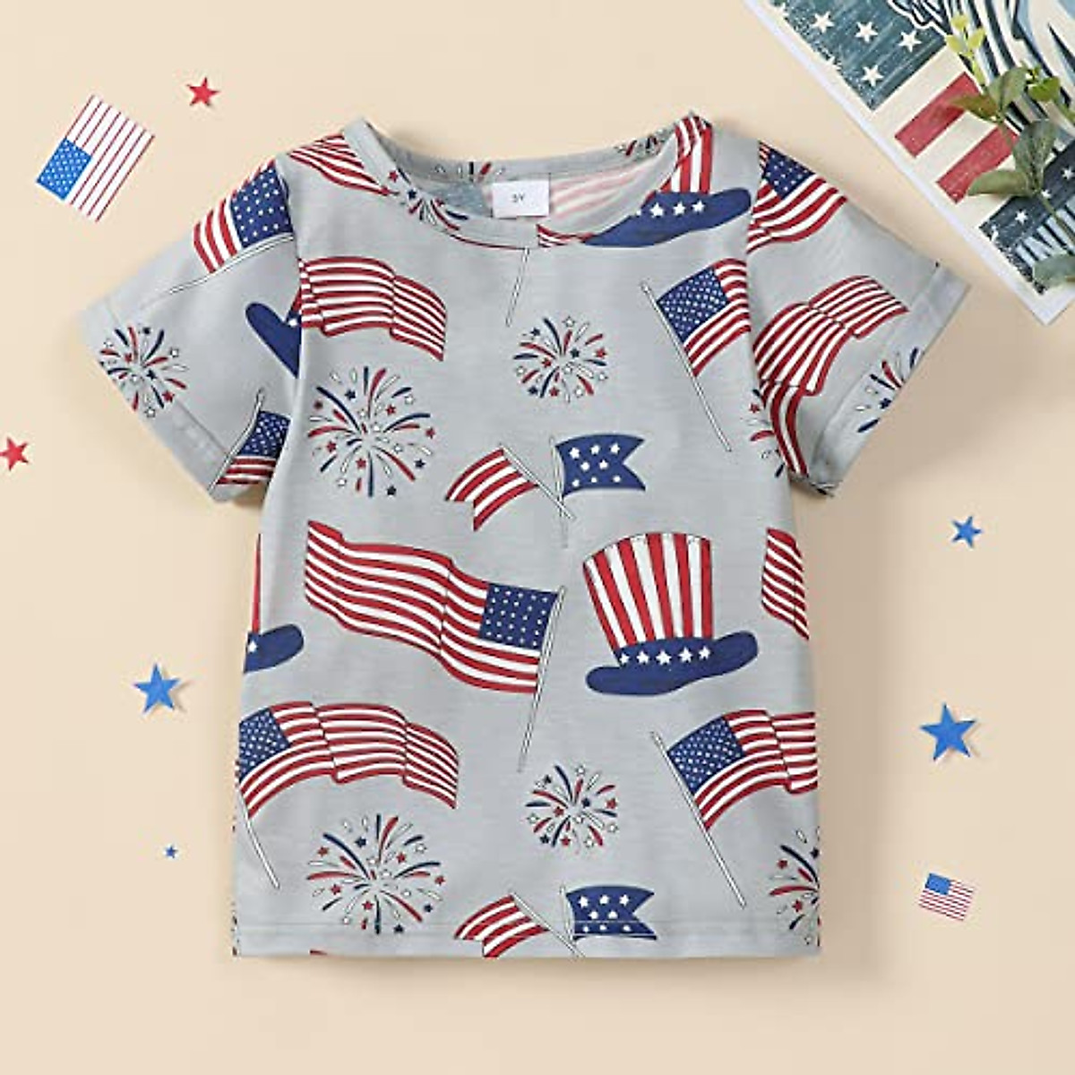 Baby Boys American Flag T-Shirt 4th of July Clothing Toddler Kids Patriotic Shirt Short Sleeve USA Flag Stripe Star Tee Tops Gray