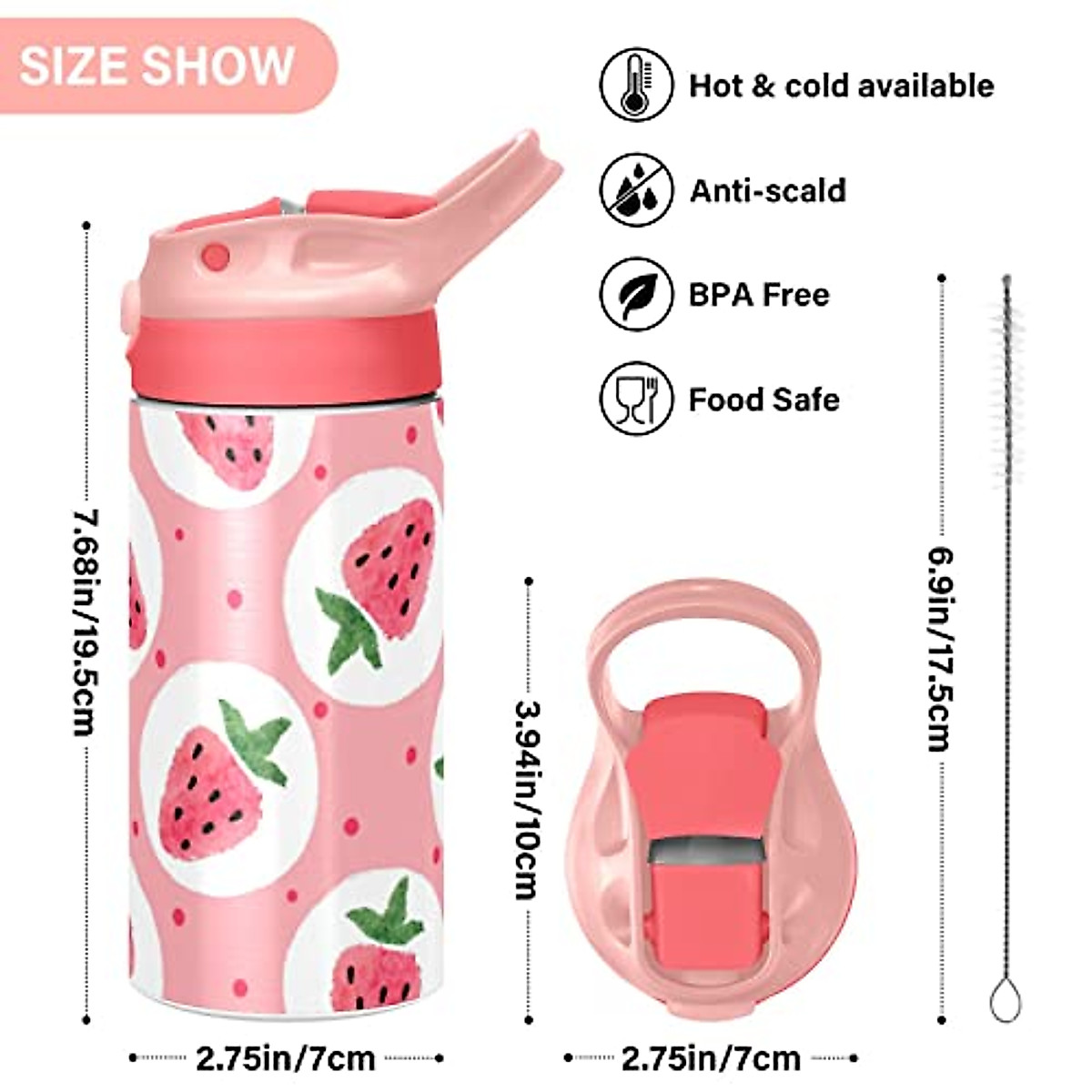 Children Insulated Water Bottles with Straw for School Kids Strawberry Pink Cute Stainless Steel Vacuum Double Wall Keeps Hot and Cold with Handles