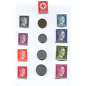 Ultra Premium Plus Nazi World War Two WW2 German Coin Swastika Coins and Hitler Stamp Set/Collection