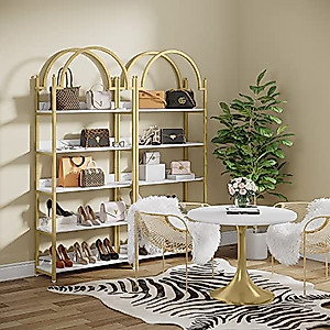 Tribesigns 5-Shelf Gold Etagere Bookcase, Modern Metal Open Arched Bookshelf, 72 Inches Tall Gold Shelves for Living Room, Bedroom(1, White+Gold)