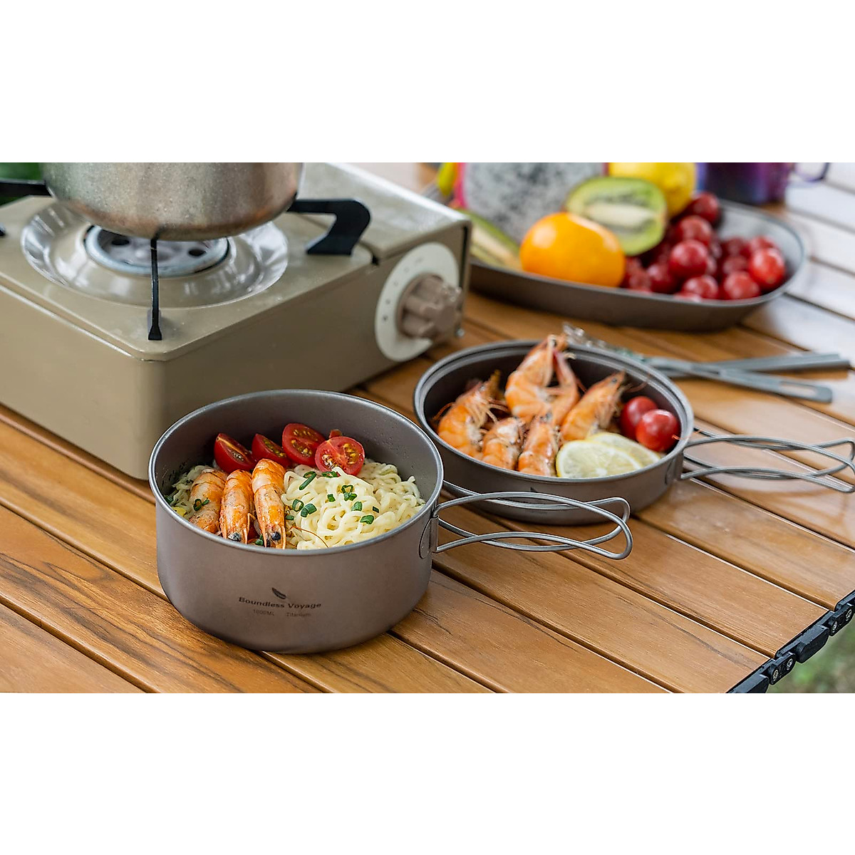 Boundless Voyage Titanium 2-Piece Pot and Pan Set 1000ml+500ml Folding Handle for Outdoor Camping Cooking Hiking Backpacking Portable Tableware Cookware