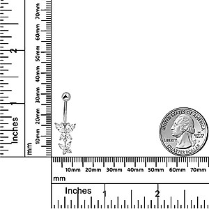 AVORA 10K White Gold Simulated Diamond CZ Double Butterfly Belly Button Ring Body Jewelry (14 Gauge)