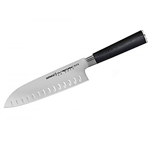 SAMURA MO-V Professional Japanese Kitchen Santoku Knife 7", Hardened to 58-61° HRC, Molybdenum-Vanadium Steel AUS-8 Blade, Ergonomic and Moisture Resistant G-10 Fibreglass Handle