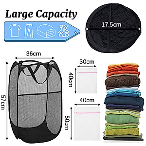 4Pcs Mesh Pop Up Laundry Hamper, FHDUSRYO Foldable Pop Up Hamper, Collapsible Laundry Basket with Carry Handles, Portable Dirty Clothes Basket with 4 Wash Bags, Mesh Hamper for Dorm Bedroom Travel