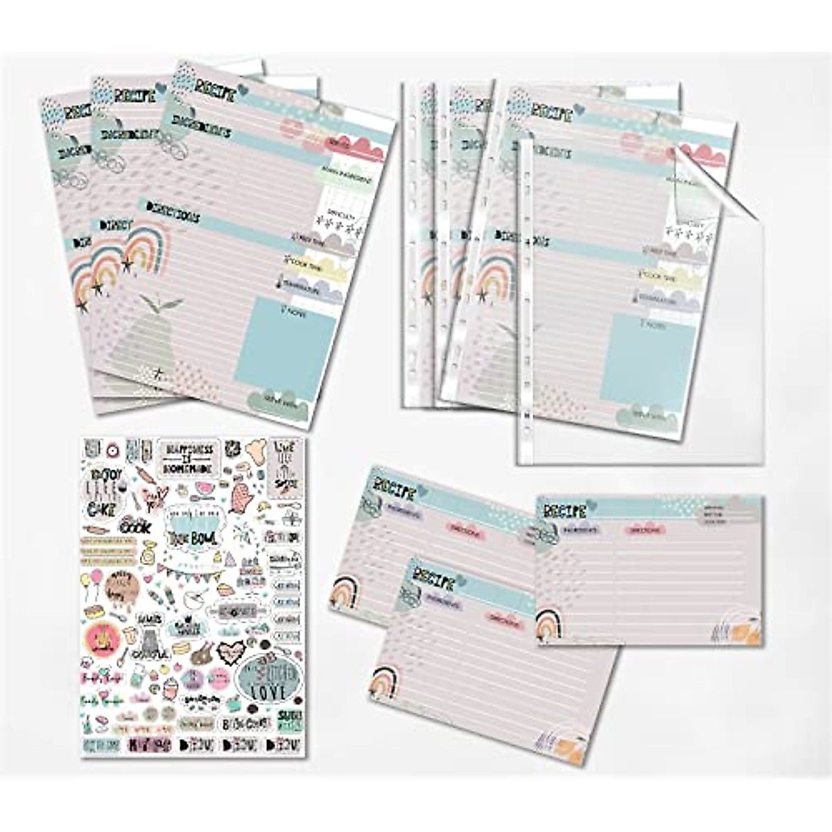 Balanchy Recipe Binder Refill Pages 30 4 x 6 Recipe cards, 20 x A4 Recipe Cards, 45 Page Protectors,1 Pc of A4 Stickers for 11 x 12 x 2.8 Inch 3 Ring Recipe Binder Kit