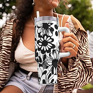 HULIBIN Black and White Flowers Print Double Deck Stainless Steel Travel Coffee Cup With Lid 40 Oz Ice Bully Cup