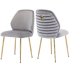 Guyou Grey Velvet Dining Chairs Set of 2, Modern Upholstered Dining Room Chairs Tufted Armless Side Chair with Gold Legs and Ring Pull for Kitchen Living Room Bedrooms Vanity (Grey)