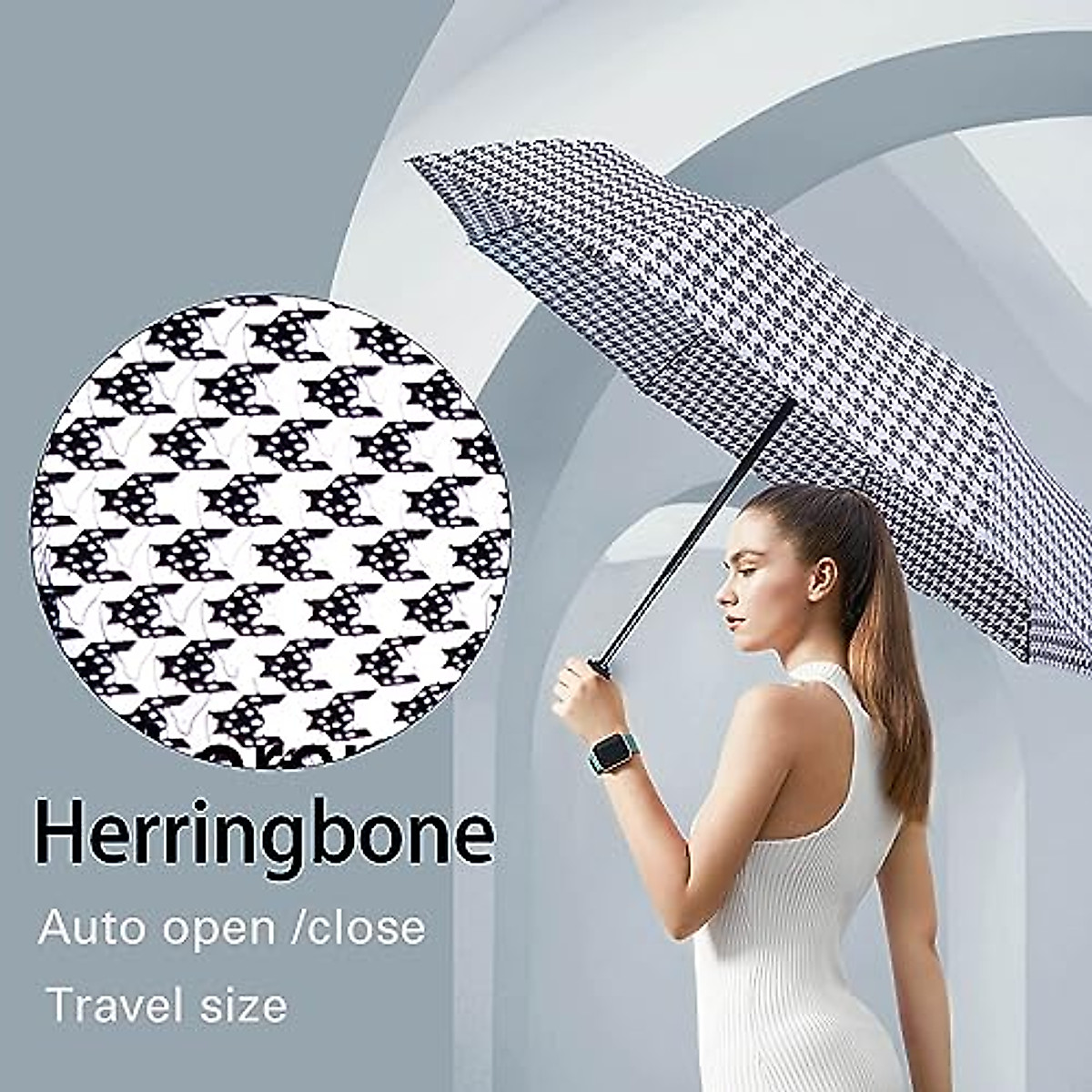 MRTLLOA 42/49 Inch Compact Windproof Travel Umbrella for Rain, Lightweight, Portable, Strong, Folding Umbrellas for Women and Men(42 inch,Herringbone)