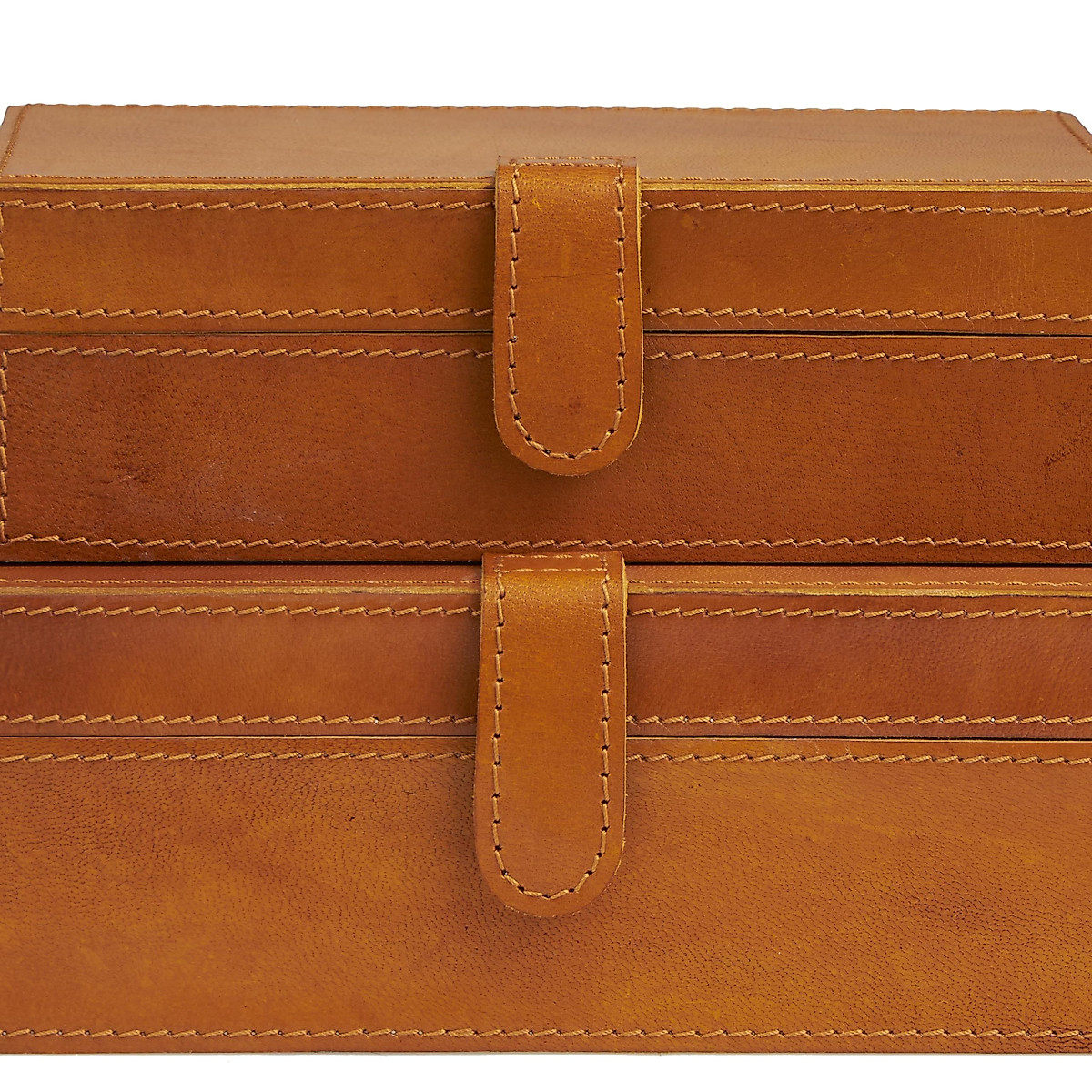 Deco 79 Leather Handmade Decorative Box Storage Decorative Keepsake Boxes with Snap Front Closure and Detailed Stitching, Set of 2 Storage Boxes 10", 8" W, Brown