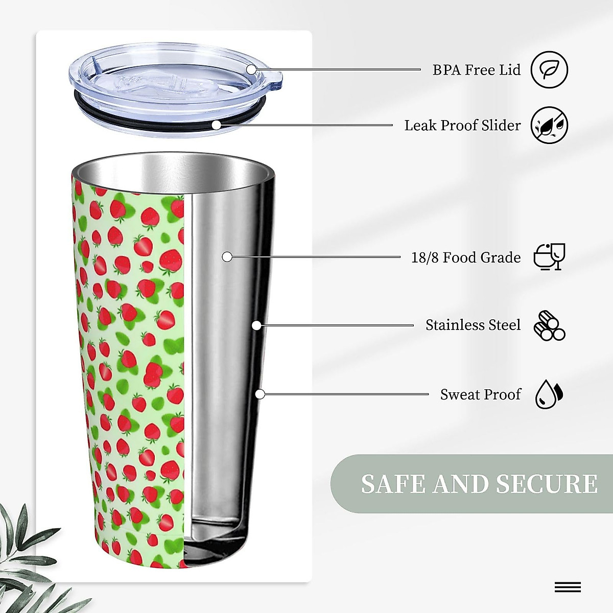 Yaxongx 20oz Tumbler Luscious Strawberry Double Wall Vacuum Insulated Coffee Mug with Lid and Metal Straw Brush Reusable Stainless Steel Water Bottle Travel Cup Gifts for Car Ice Drinks Hot Beverage