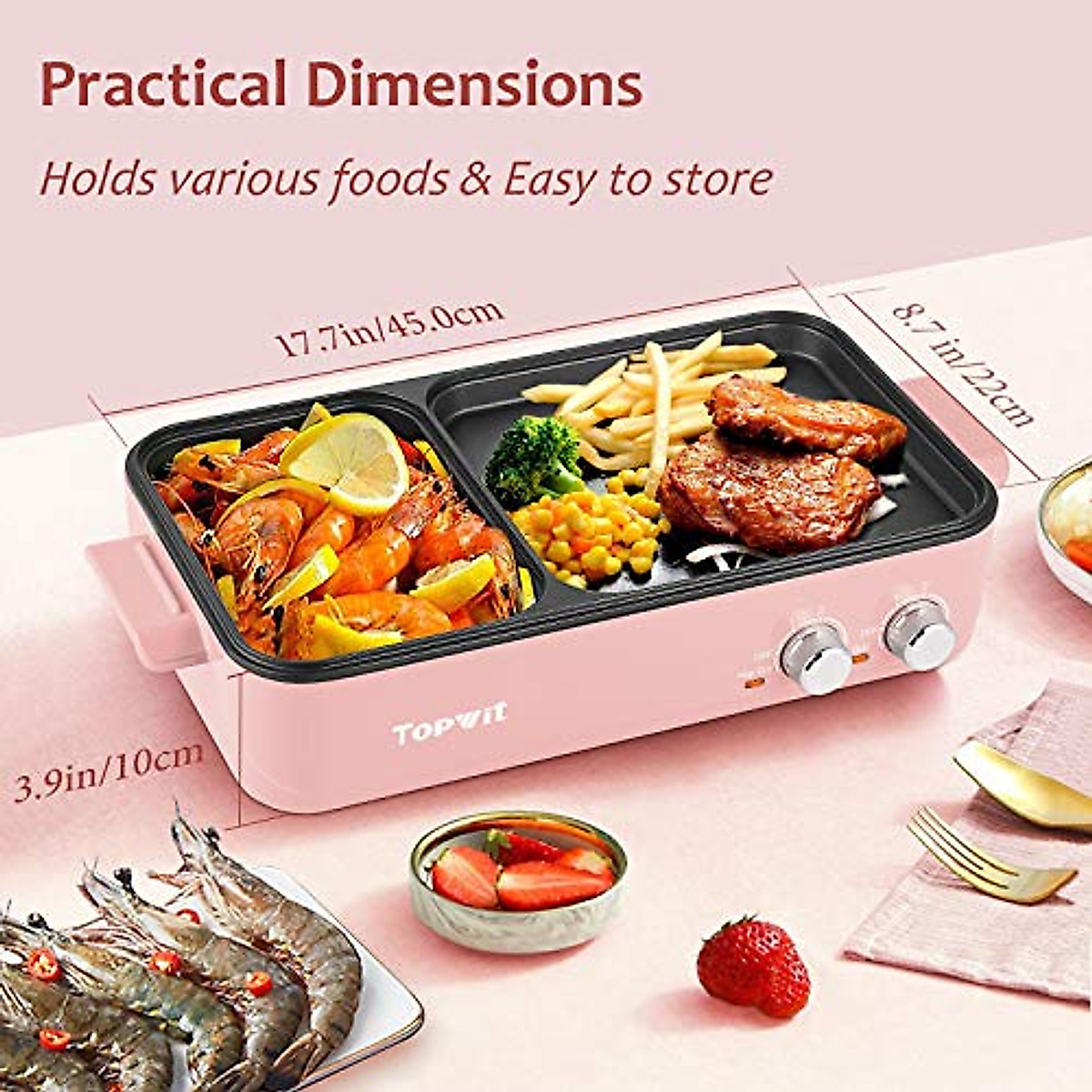 Topwit Electric Hot Pot with Grill, 2 in 1 Indoor Non-stick Hot Pot Electric with Grill for Steaks, Shabu Shabu, Noodles, Simmer and Fry, Korean BBQ Grill, Independent Dual Temperature Control, Pink