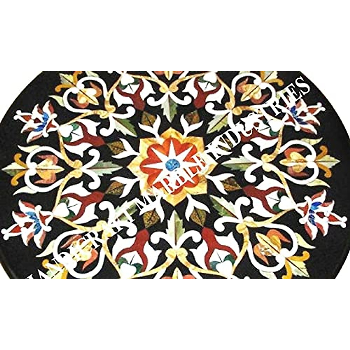 Black Marble Inlay Coffee Table Top, Pietra Dura Dining Table Top, Stone Inlaid Wall Decor, Centre Piece, Piece Of Conversation