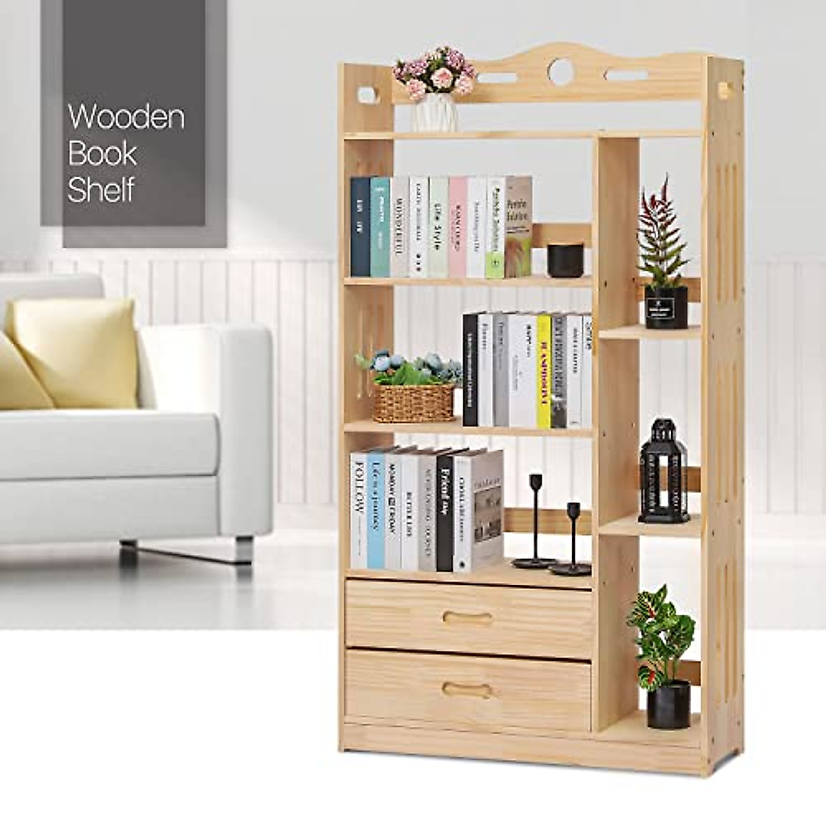 MoNiBloom 4 Tier Bookcase with Open Shelves and 2 Drawers, Large Modern Wood Heavy Duty Storage Display Stand Rack for Living Room, Natural