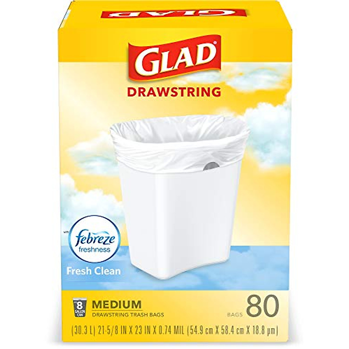 Glad Trash & Food Storage Medium Kitchen Drawstring Trash Bags 8 Gallon White Trash Bag, Fresh Clean Scent, 80 Count (Package May Vary)