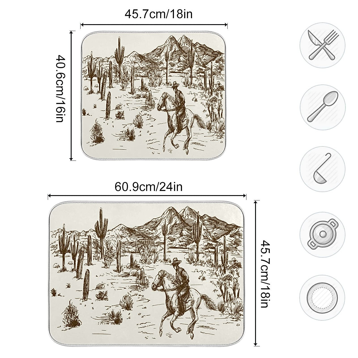 xigua Dish Drying Mat Western Desert Cowboy Absorbent Dry Mats for Dishes Draining Pad for Kitchen Countertop 16" x 18"