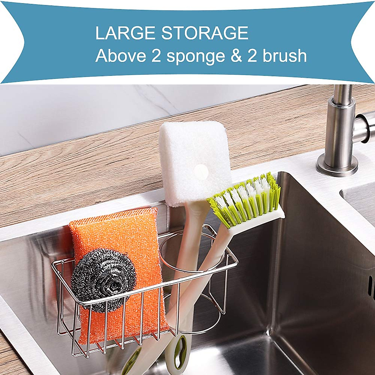 OUKALU Sink Organizer Adhesive Sponge Holder with Brush Holder, 2-in-1 Sink Caddy for Kitchen, SUS304 Stainless Steel Rustproof Waterproof,No Drilling
