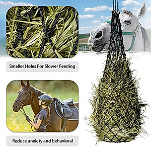Woiworco 2 Packs Slow Feed Hay Net for Horses, 40 inch Length 2 x 2 inch Holes Goat Hay Feeder, Adjustable Nylon Hanging Hay Bags for Horse Goat Feed, Horses Stall and Trailer, Reduce Waste