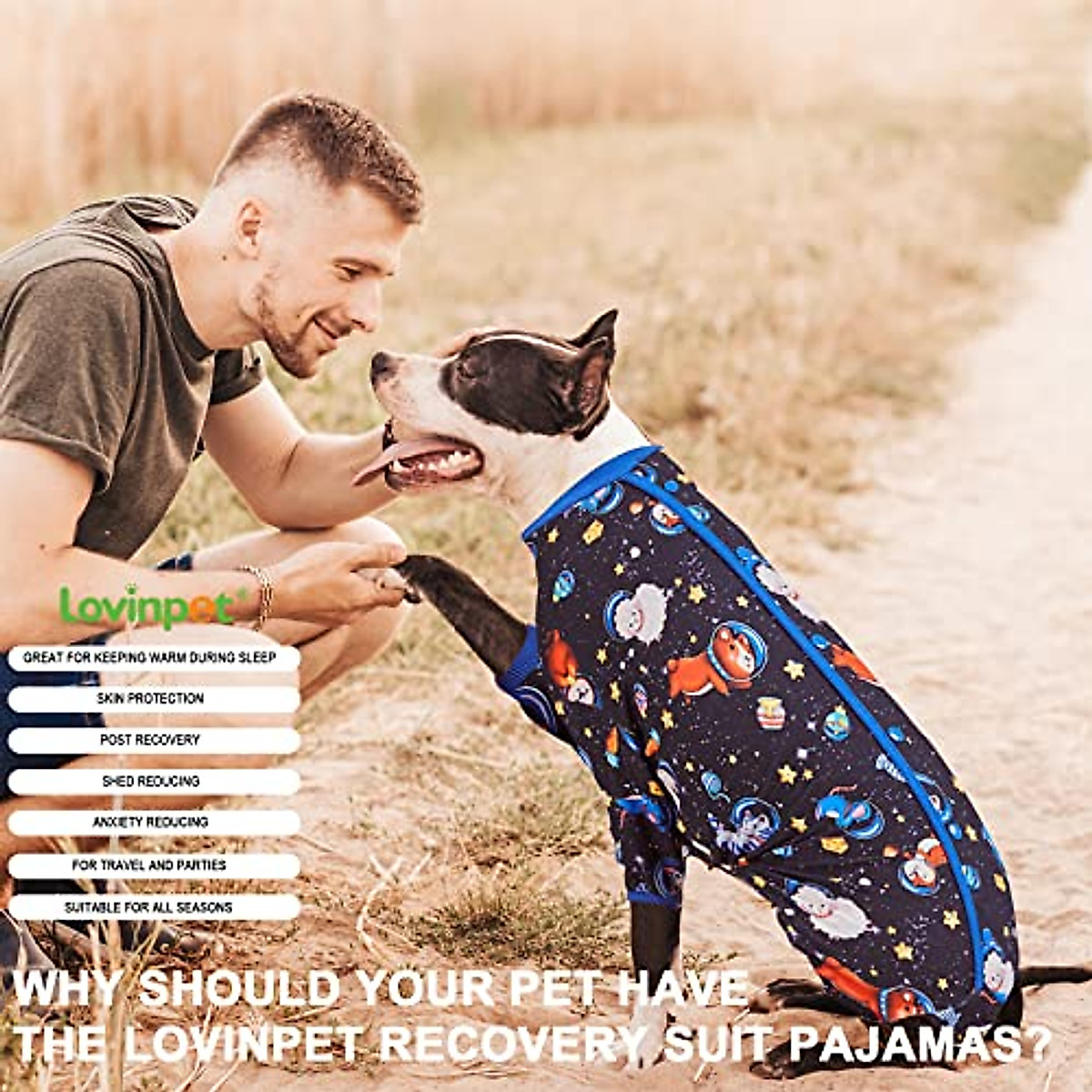 LovinPet Large Big Dog Pajamas - Anxiety Calming Dog Onesie, Undershirt for Dog Coats, Lightweight Stretchy 4 Legged Style Large Dog Jammies, Space Animals Black Print Pet Pjs,Black Large