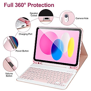 AHYWTAN iPad 10th Generation Case with Keyboard,Keyboard Case for iPad 10th Gen 2022 10.9’’Keyboard for iPad 10th Gen with Pencil Holder,Detachable Bluetooth Keyboard Case for iPad 10.9 2022,Pink