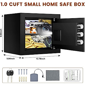 1.0 Cu ft Home Safe Fireproof Waterproof, Digital Home Security Safe with Numeric Keypad, Spare Keys and Removable Shelf, Personal Home Safe Box for Money Firearm Documents Medicines