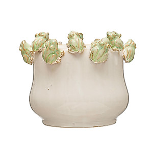 Creative Co-Op Stoneware Planter with Frog Figurine Rim, Multicolor