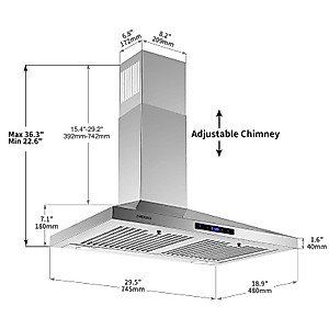 SNDOAS Range Hood 30 inches,Stainless Steel Wall Mount Range Hood,Vent Hood 30 inch w/Touch Control,Ducted/Ductless Convertible,Chimney-Style Over Stove Vent Hood,Kitchen Hood,Baffle Filters