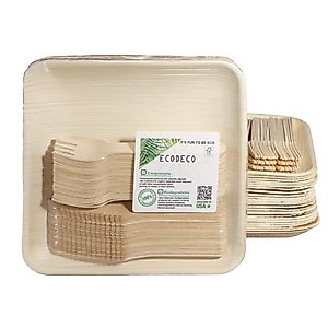 Ecodeco Palm Leaf Compostable Plates - 50 pcs - Square - Disposable Eco Friendly Like Bamboo Party Plates with Cutlery - 8 Inch