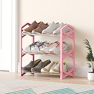 Hockmez 3-Tier Small Shoe Rack .Multifunctional Lightweight Kids Shoe Shelf Storage Organizer for Entryway Hallway Closet Bathroom Living Room (Pink)