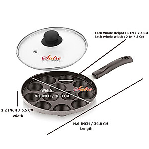 Non Stick Aluminium Long Handel 12 Pits Appam Pan with Transparent Glass Lid - Black and Silver