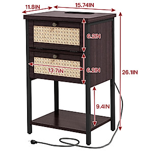 End Table with Charging Station, 2 Tier Rattan Decorated Nightstand with USB Ports and Outlets, Bedside Table with Drawer, Modern Sofa Side Table for Bedroom, Living Room, Office, Cherry Red